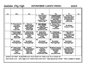 November LUNCH Menu – Gadsden High School