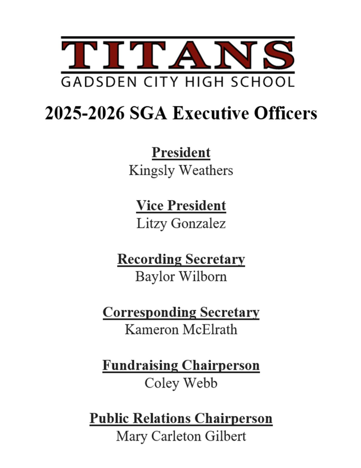 2025-2026 SGA Executive Officers – Gadsden High School
