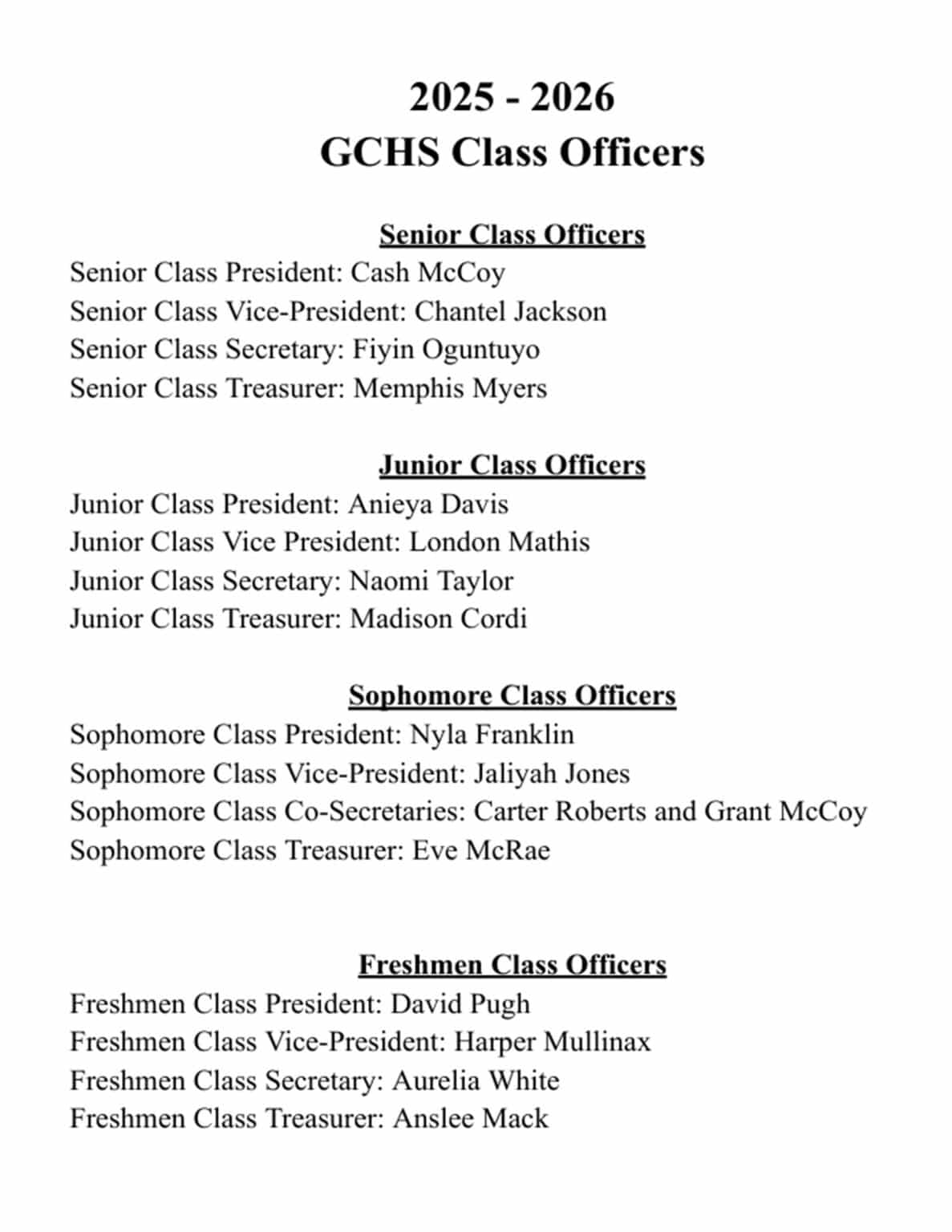 2025-2026 Class Officers – Gadsden High School